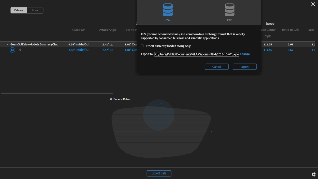 Gears Golf Operation: Exporting Data (C3D, CSV) - Gears Sports